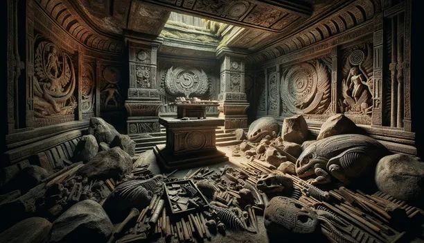 Ancient Temple: Lost Dinosaur Fossils - Tangra AI Image Generator