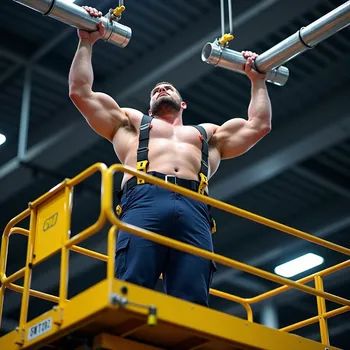 Bodybuilder Electrician on Scissor Lift - Tangra AI Image Generator