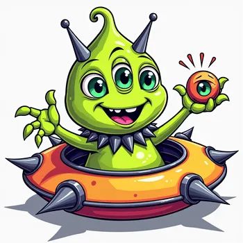 Friendly Alien on Spiked Spaceship - Tangra AI Image Generator