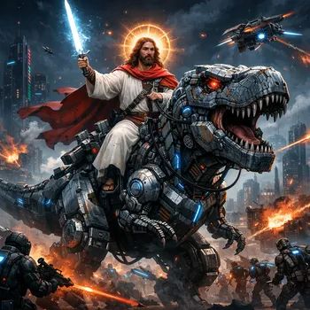 Jesus Rides Mech Dinosaur in Cyberpunk - Tangra AI Image Generator
