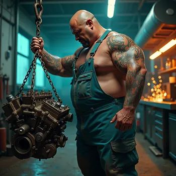 Muscle Mechanic Lifting V8 Engine - Tangra AI Image Generator